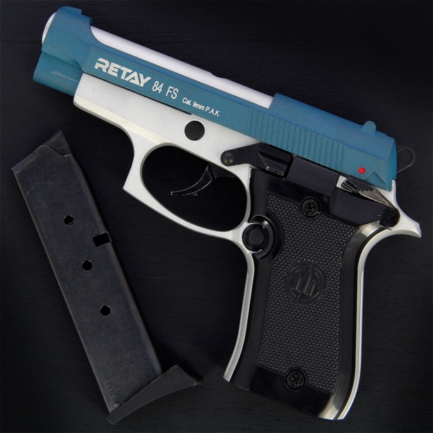 Retay 84 FS 9mm P.A.K Chrome/Blue Blank Pistol | Knifewarehouse